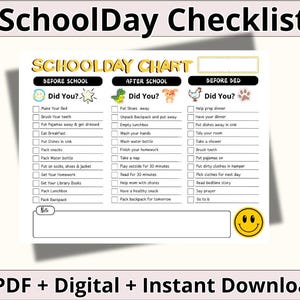 Schoolday Checklist for Kids | Printable | Kids Chore Chart | | Kids ...