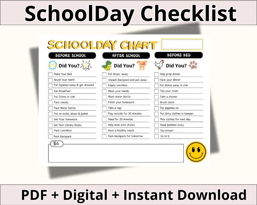 Schoolday Checklist for Kids | Printable | Kids Chore Chart | | Kids ...