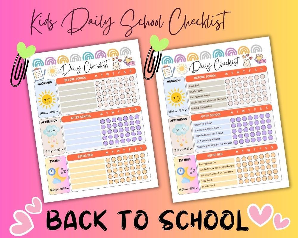 Kids Daily School Checklist, Responsibility Chart, Kids to Do List ...