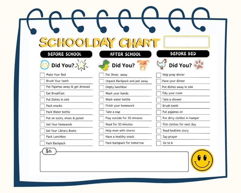 Schoolday Checklist for Kids | Printable | Kids Chore Chart | | Kids ...