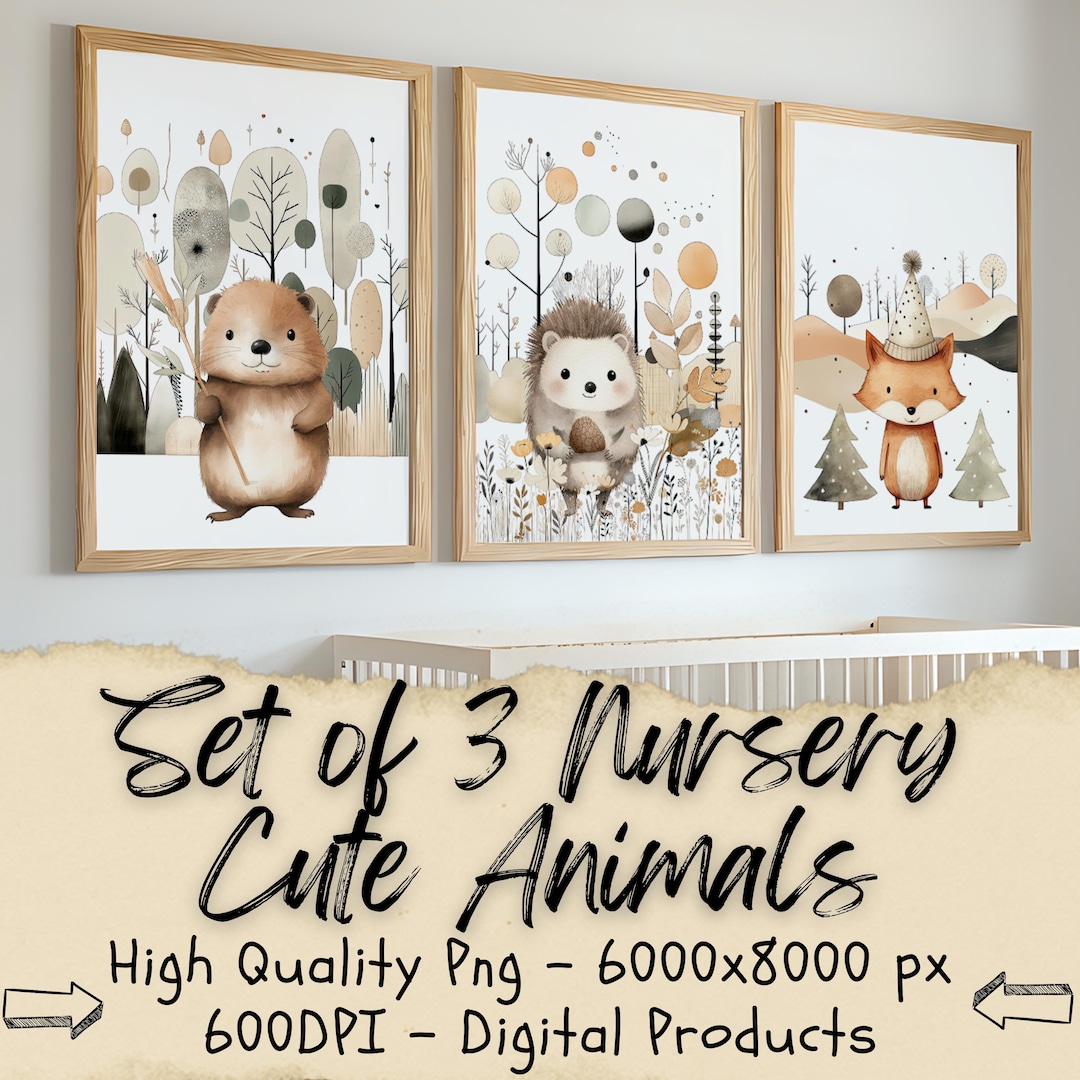 Nursery Animal Prints Set of 3 Landscape With Fox Curly Beaver, Tree ...