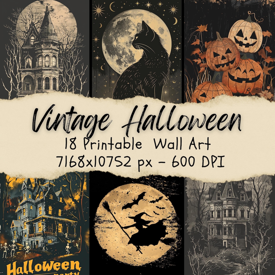 18 Vintage Halloween Posters: Witch, Pumpkin, Black Cat (printable Art ...