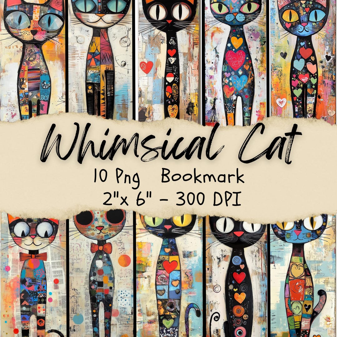 10 Quirky Mixed Media Cat Bookmark Png, Meow Society, Aesthetic Booktok ...