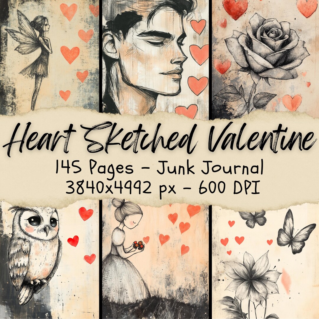 145 Heart Sketched, Love Png, Valentines Day Junk Journal Pages ...