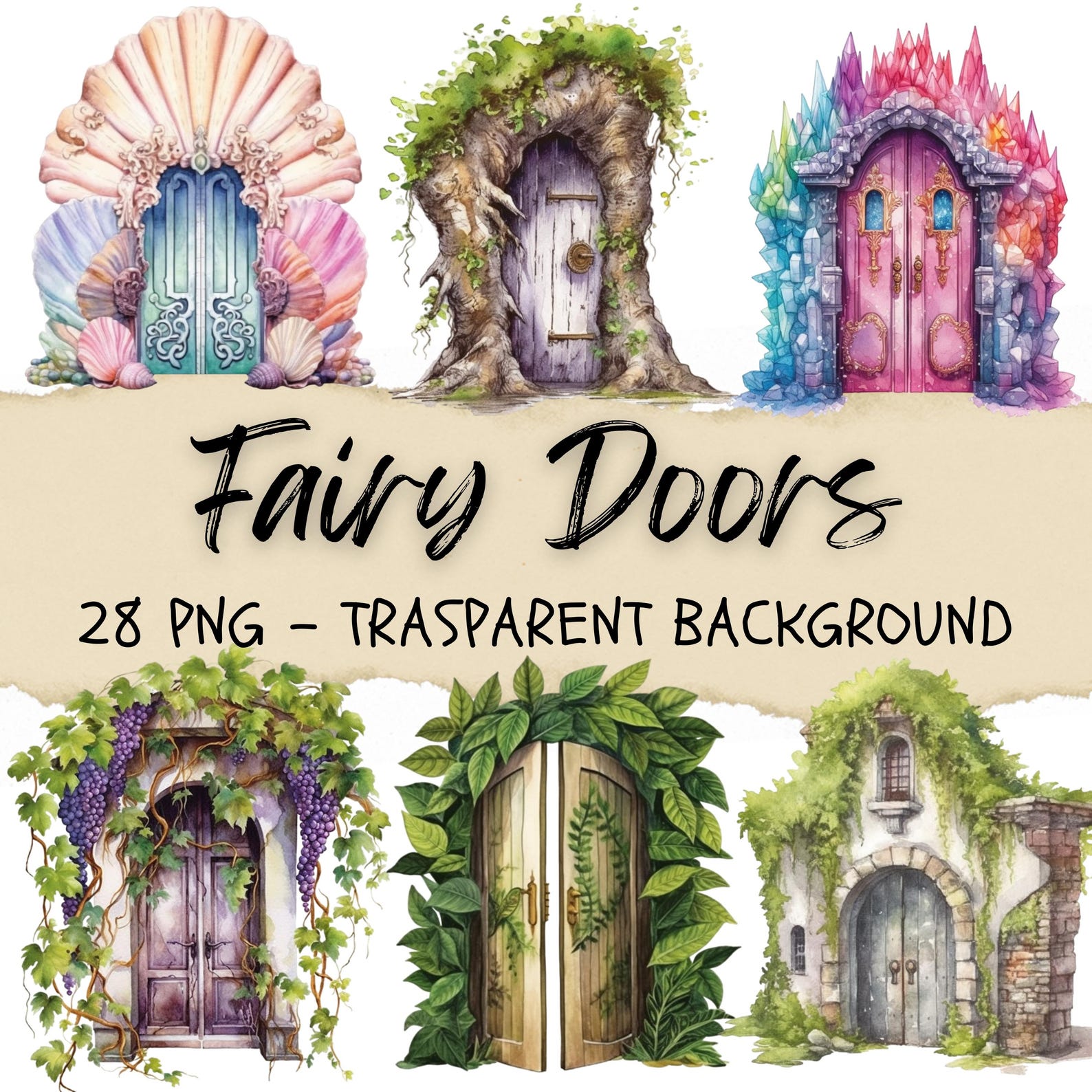 28 Watercolor Fairy Door Clipart, Garden Fantasy (PNG) - Etsy