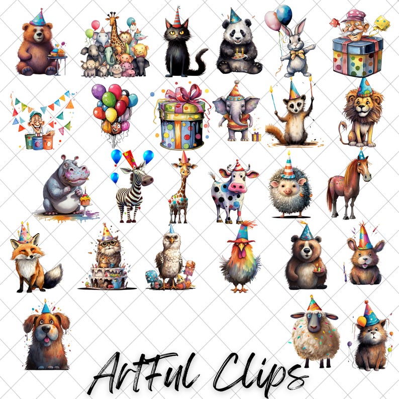 27 Party Animals Clipart, Animal Birthday Clipart, Bear Elephant Panda ...
