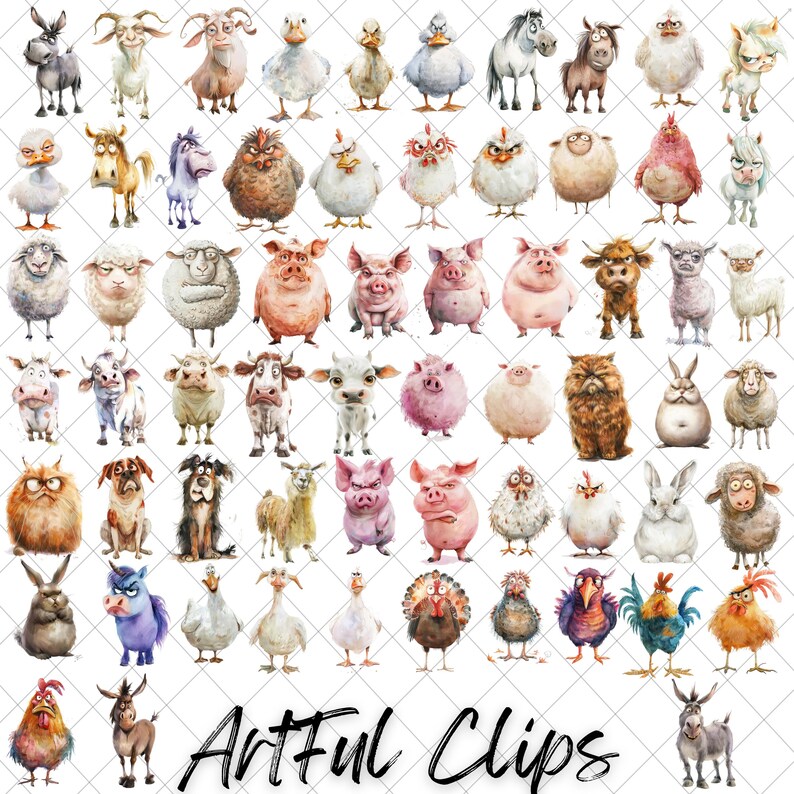 63 Grumpy Farm Animals Clipart, Farmyard Clipart, Horse, Chicken, Goat ...