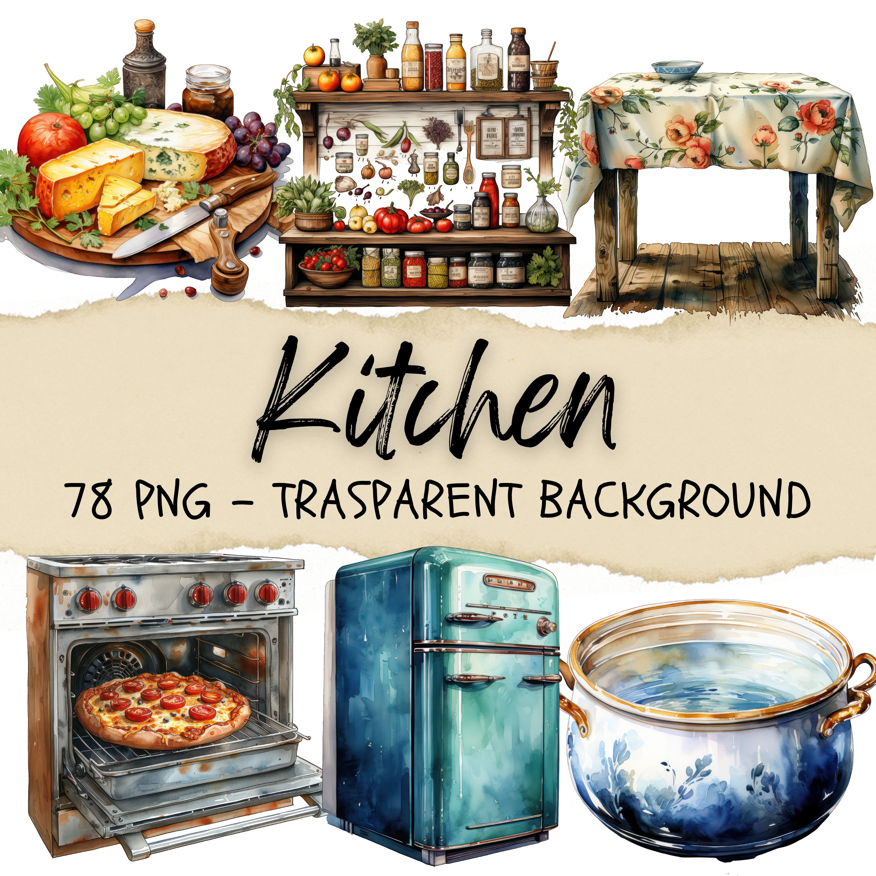 Watercolor Cooking Clipart, Kitchen PNG, Food Art (78 Images) (digital ...