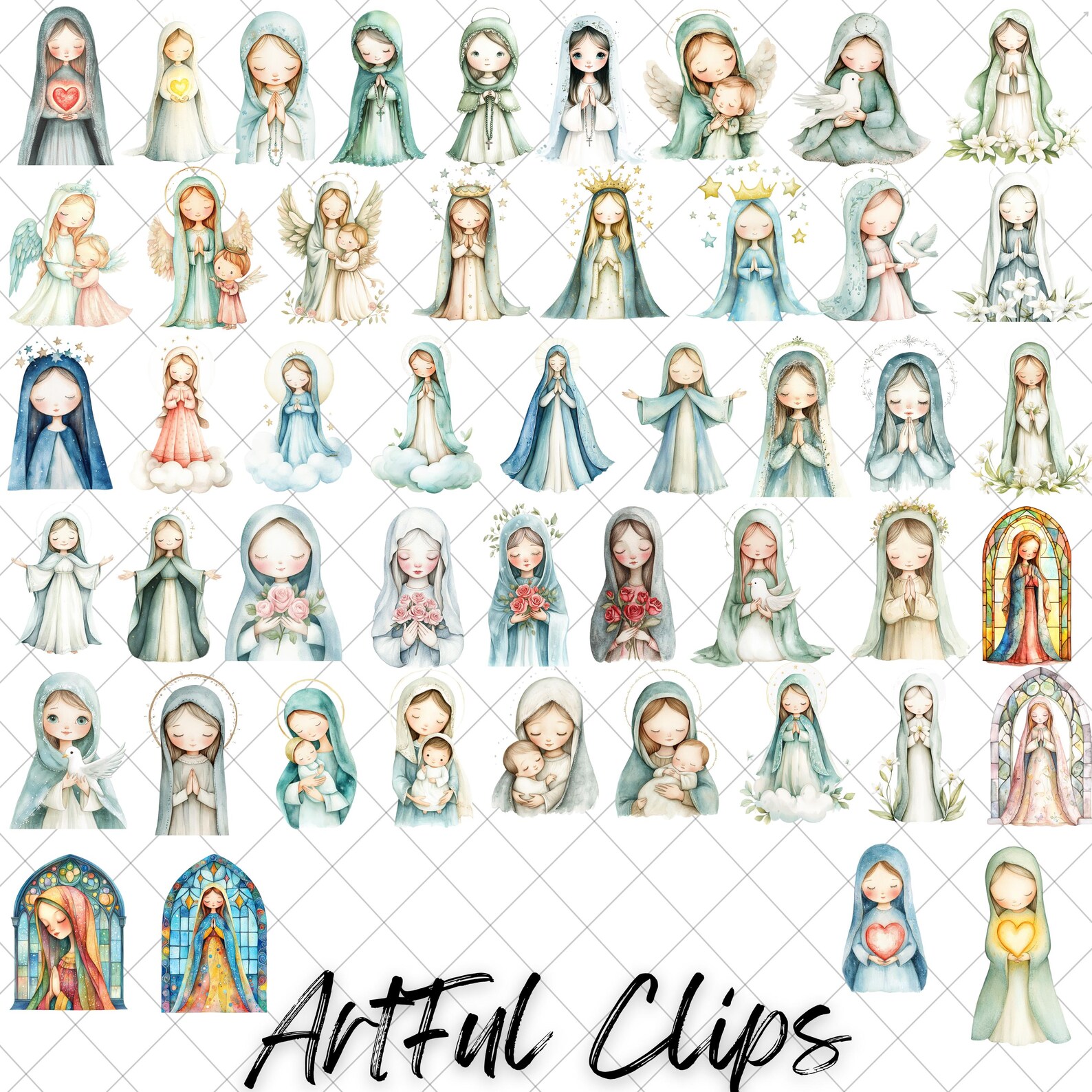Cute Virgin Mary Watercolor Clipart, Christian Art (digital Download ...