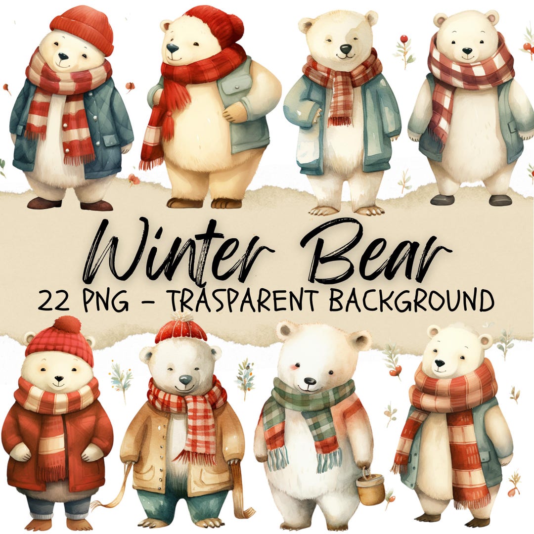 Winter Polar Bear Clipart, Arctic Animals, Watercolor Style (digital ...