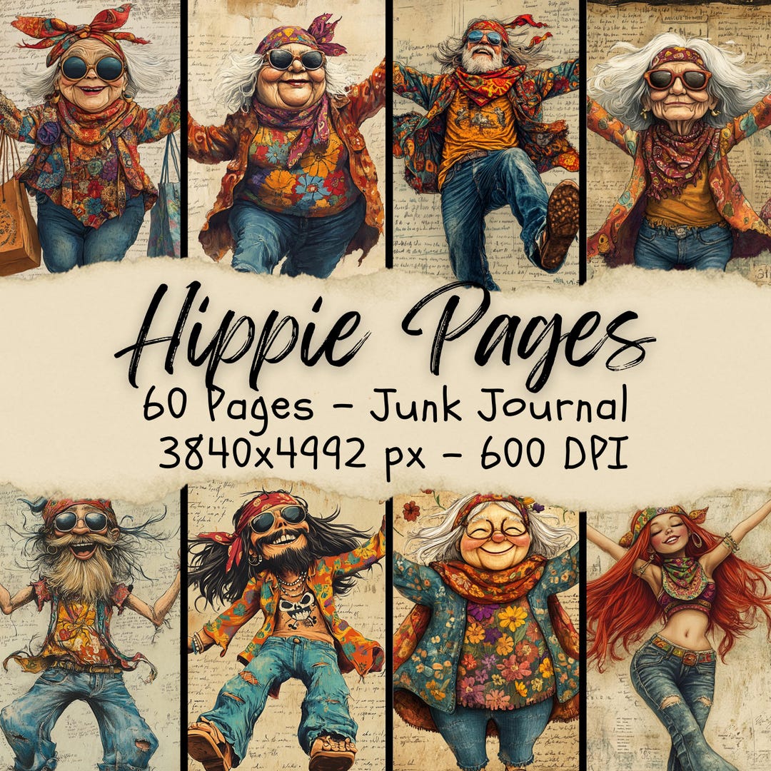 60 Hippie Old Lady and Happy Girl Junk Journal Pages, Pirate Hippie ...