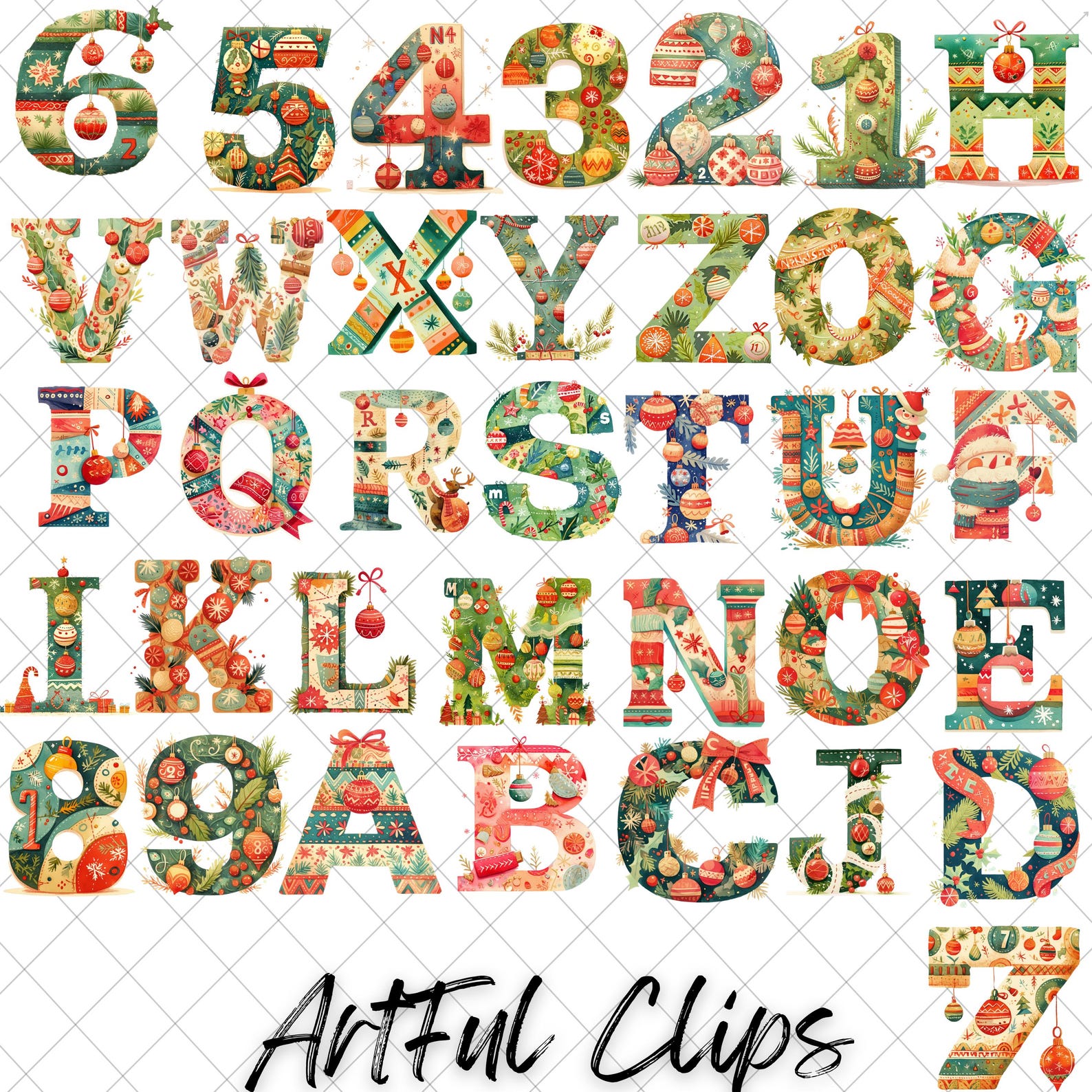 Christmas Alphabet Clipart, Watercolor Font, 36 Letters (digital ...