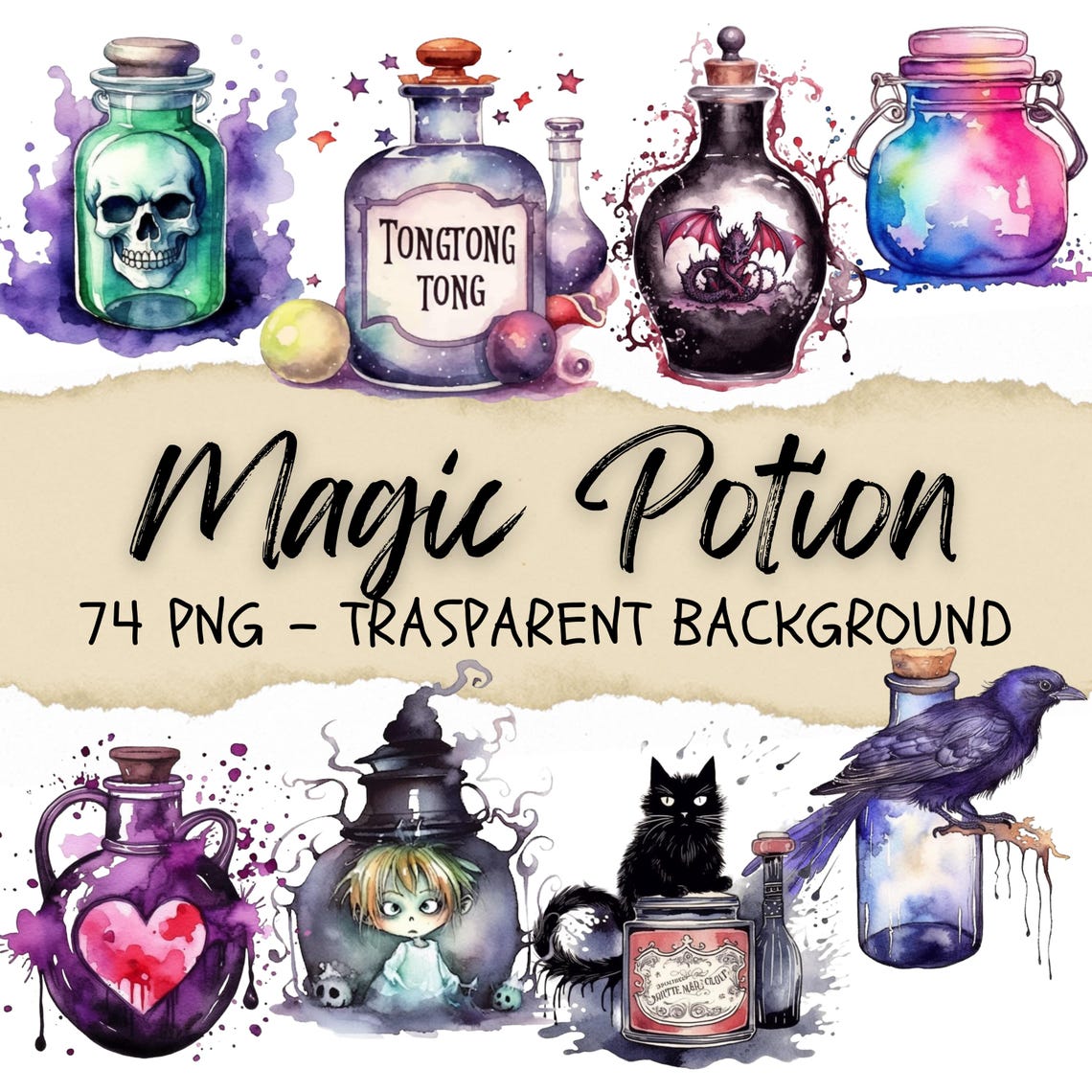 74 Watercolor Magical Potions Clipart, Witchy Halloween Graphics ...
