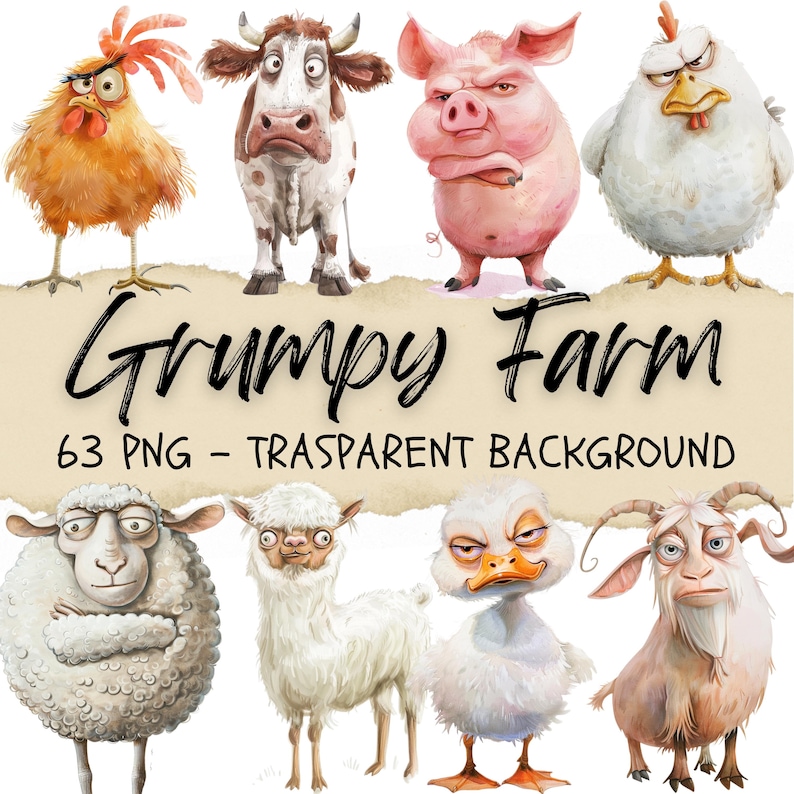 Grumpy Farm Animals Watercolor Clipart, Commercial Use (digital ...
