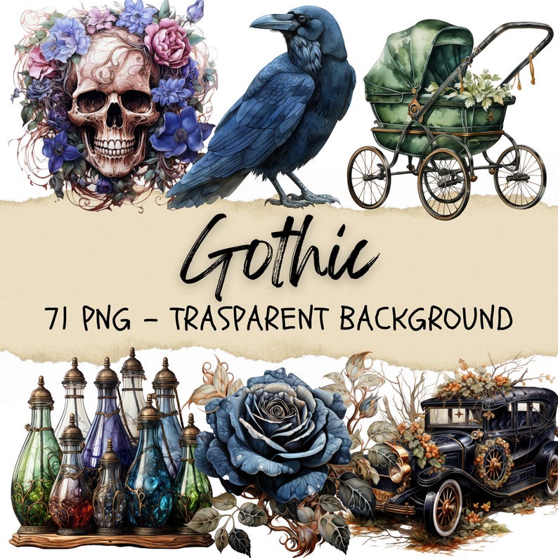 71 Gothic Clipart, Antique Gothic Png, Vintage Floral Clipart, Skull ...