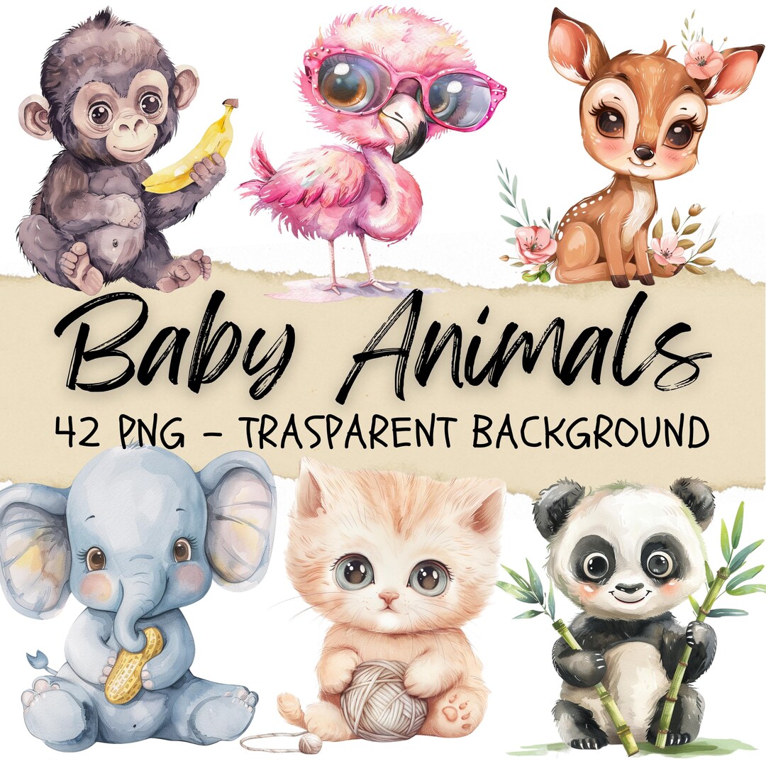42 Baby Animals Clipart, Cute Animal Drawing, Bear Monkey Elephant Deer ...