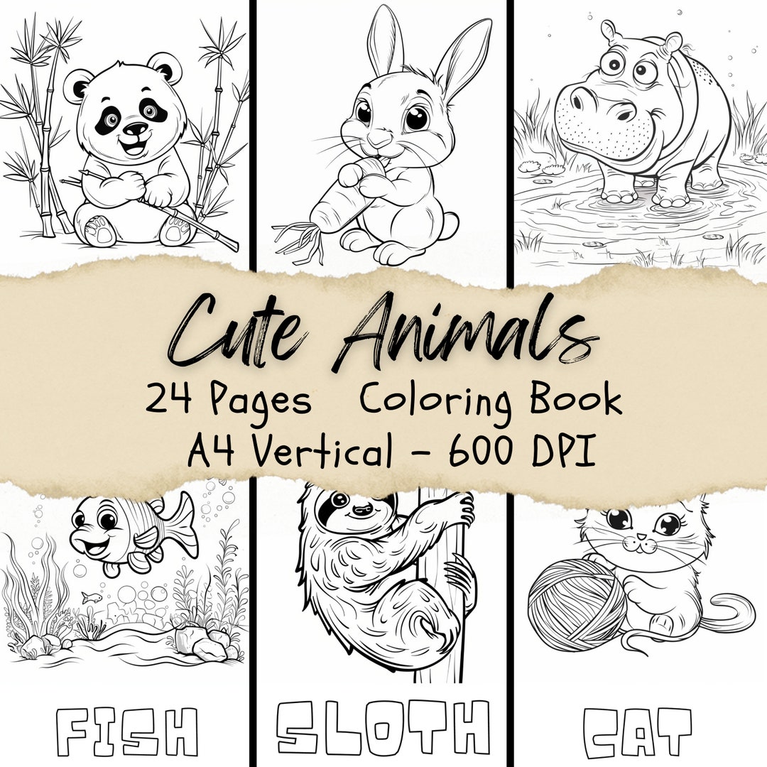 Cute Animals Coloring Book, 24 Printable Kids Relaxation Pages (digital ...