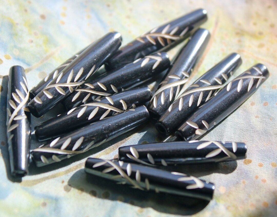 Carved Tube Pipe Bone Bead Black/dark Brown With White 1.5in With 2mm ...