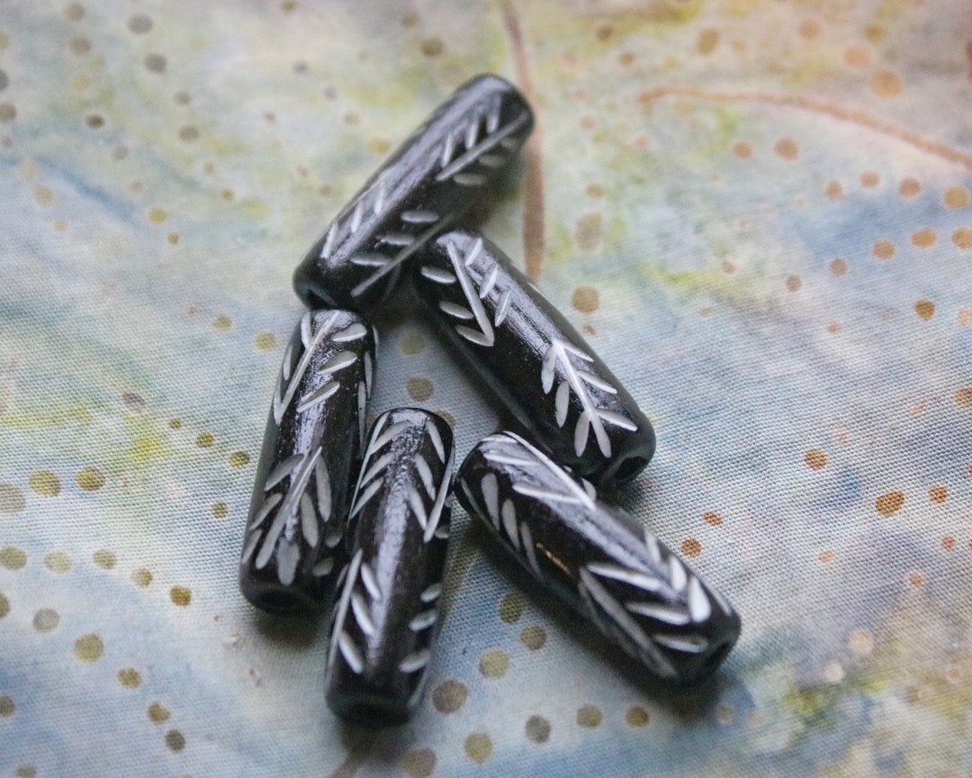 Carved Tube Pipe Bone Bead Black/dark Brown With White 1inch With 2mm ...