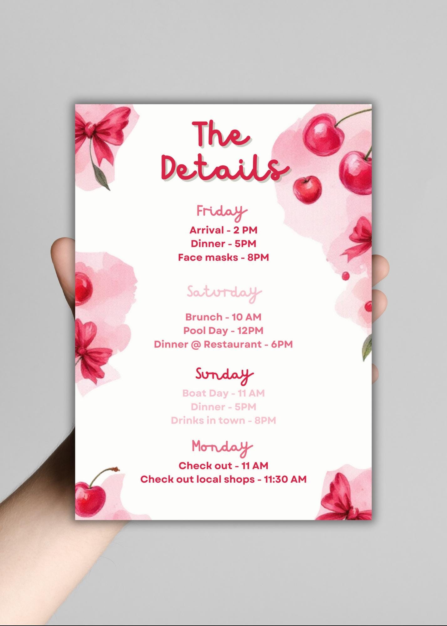 Mon Cheri Bachelorette Invitation Itinerary | Pink Coquette Cherry ...