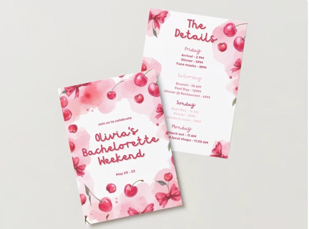 Mon Cheri Bachelorette Invitation Itinerary | Pink Coquette Cherry ...