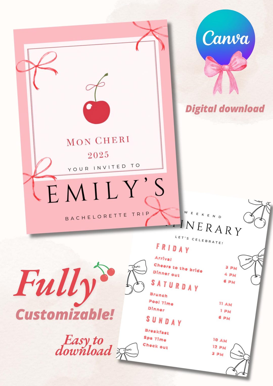 Mon Cheri Bachelorette Invitation Itinerary | Pink Coquette Cherry ...