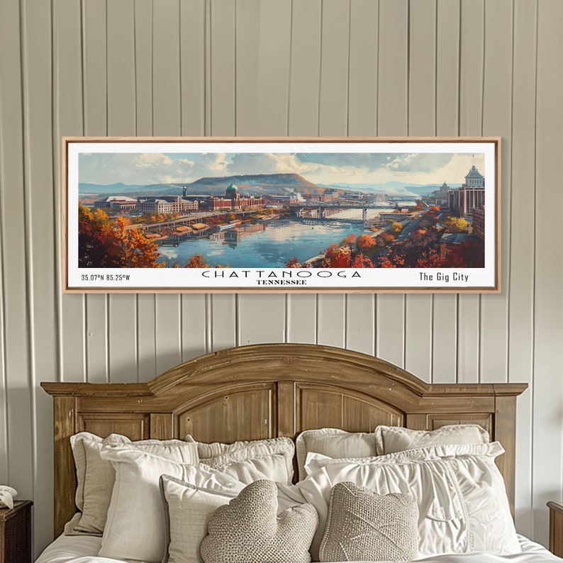 Chattanooga Tennessee Panoramic Watercolor Painting Framed Canvas Print ...