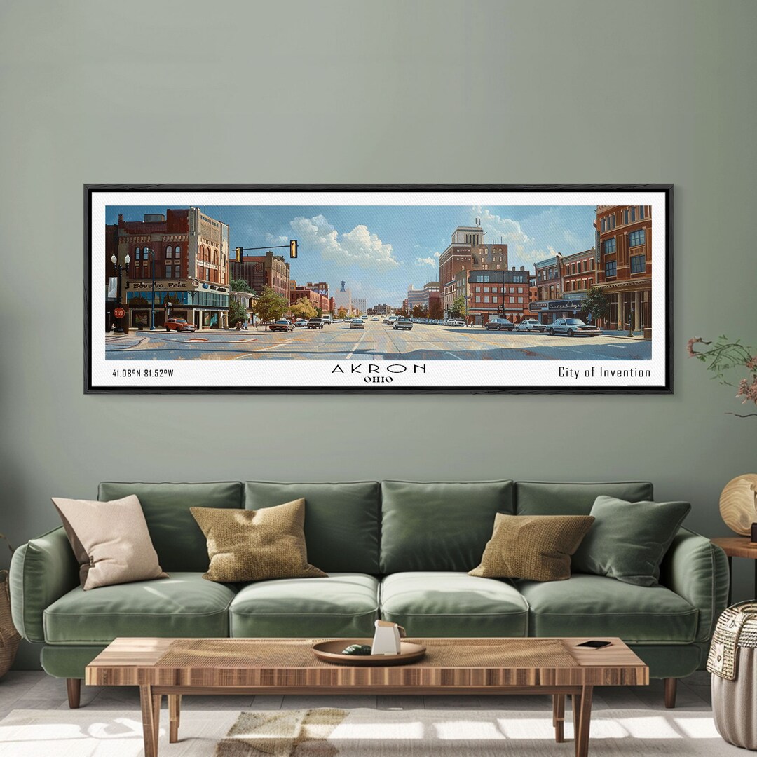 Akron Ohio Panoramic Painting, Watercolor Framed Canvas Print, Scenic ...