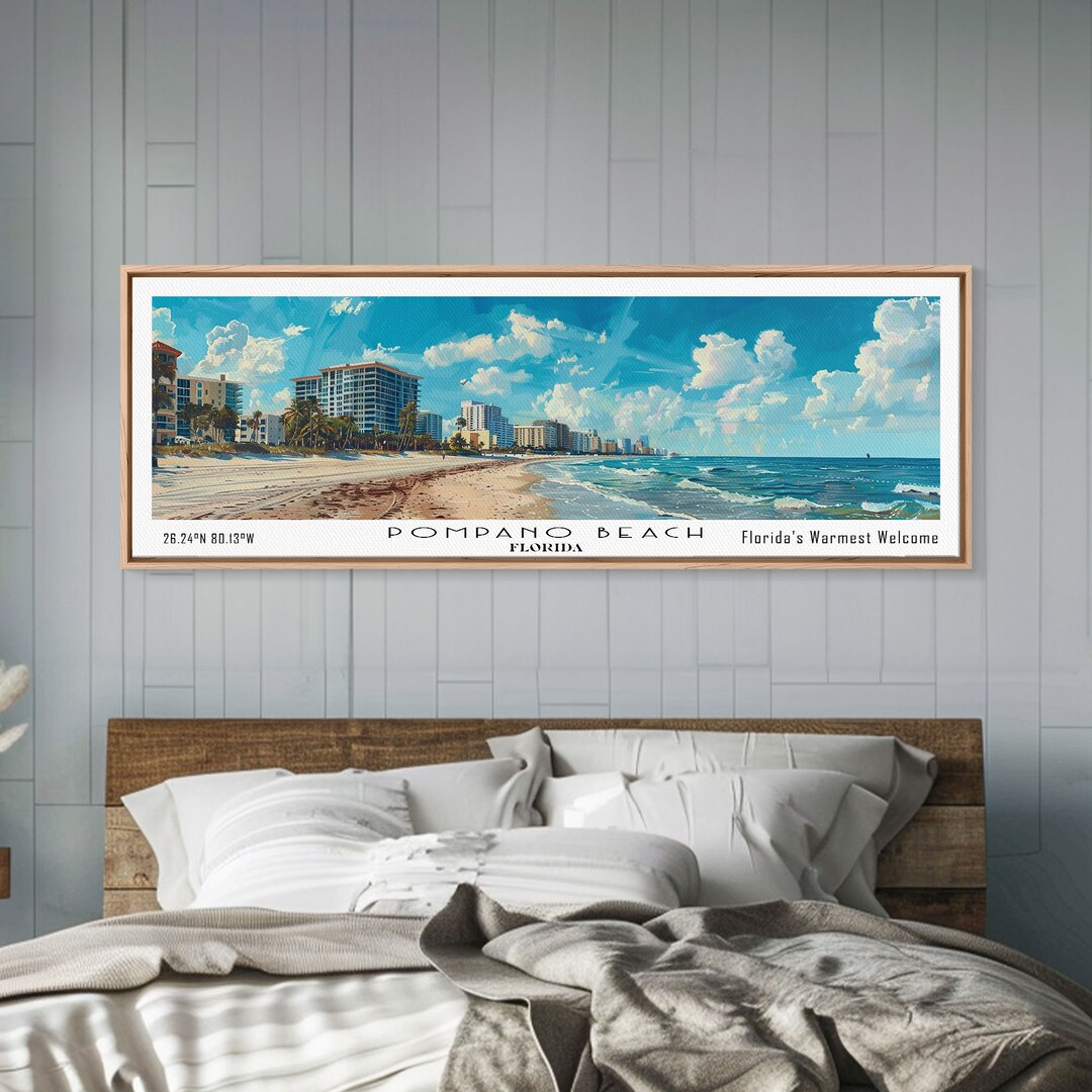 Pompano Beach Florida Panoramic Framed Canvas Print, Watercolor ...