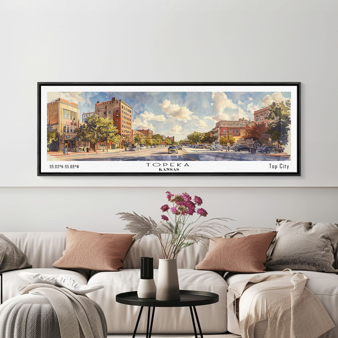 Topeka Kansas Panoramic Wall Art, Framed Canvas Print, Vintage Style ...