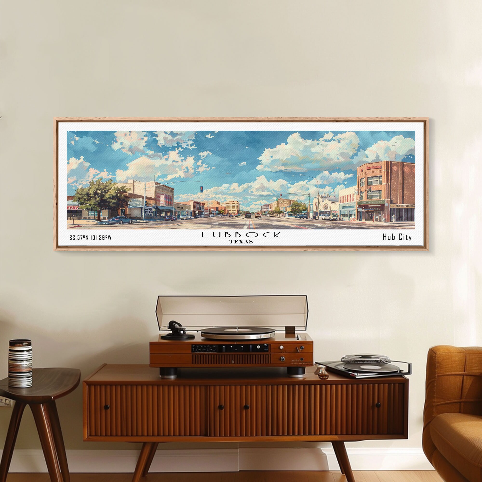 Lubbock Texas Panoramic Cityscape Wall Art, Watercolor Framed Canvas ...