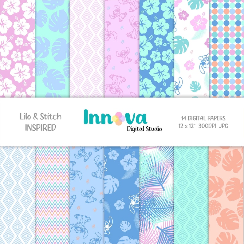 Lilo & Stitch Digital Paper: Tropical Pastel Patterns (digital Download ...