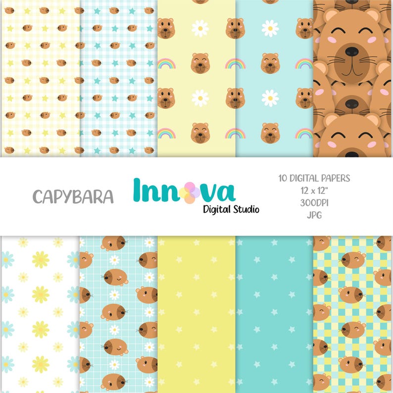 Capybara Digital Paper Pack: Yellow & Mint Pastel Patterns (12x12in ...