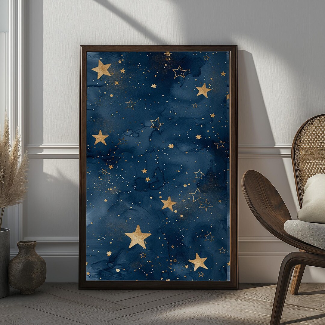 Starry Night Wall Art Gold Stars on Deep Blue Watercolor Print ...