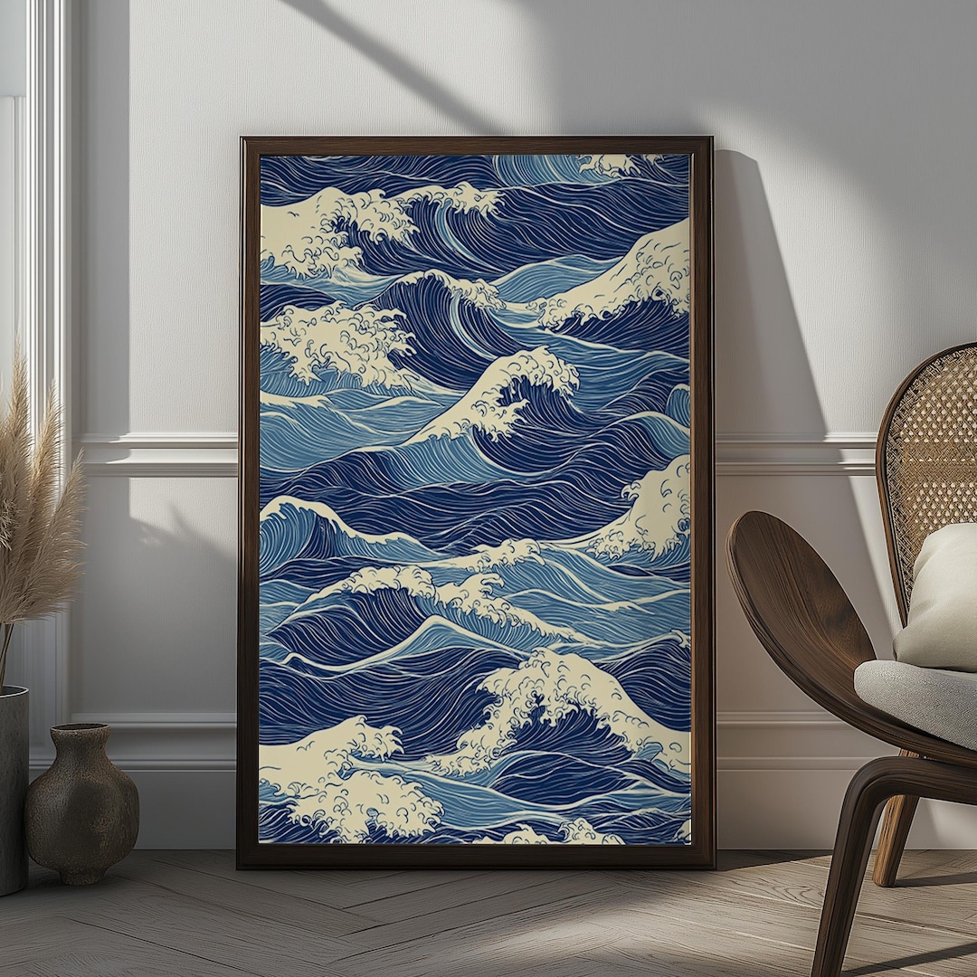 Japanese Wave Art Print, Traditional Blue Ocean Wave Pattern, Vintage ...