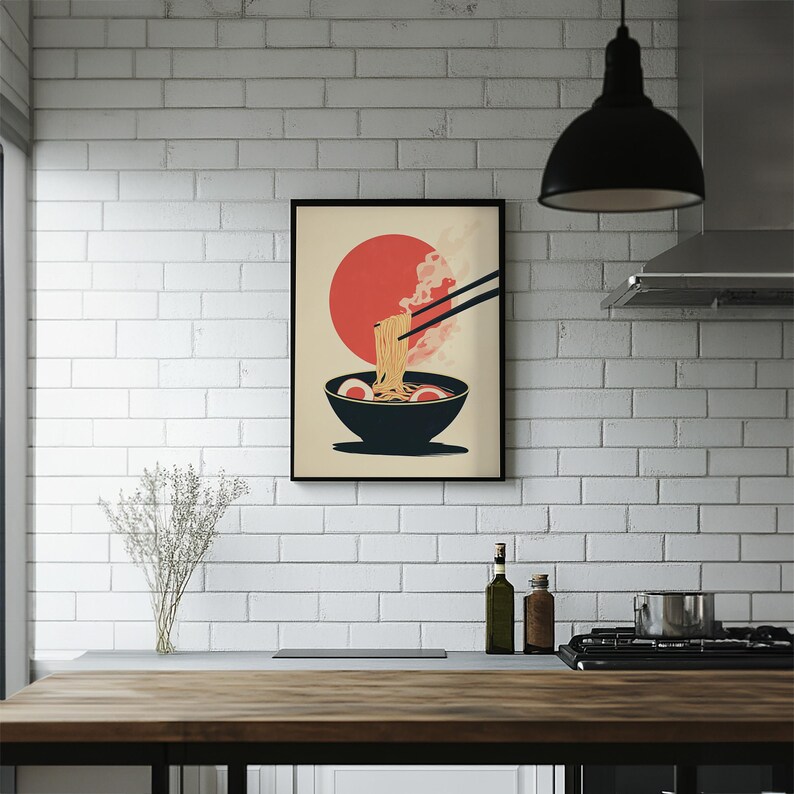 Japanese Ramen Art Print, Retro Ramen Bowl Wall Art,minimalist Food Poster With Red Sun, Asian ...