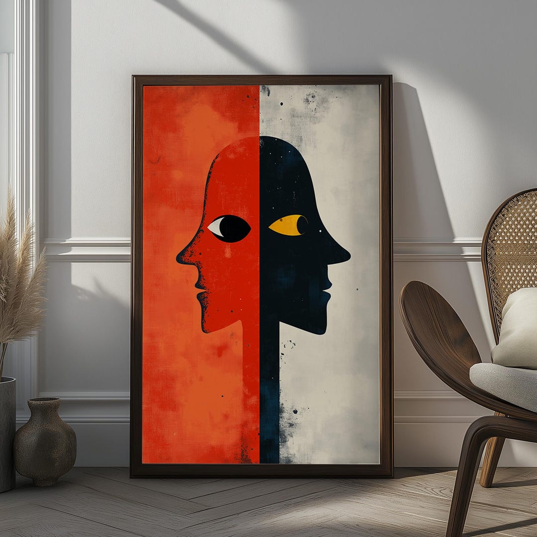 Abstract Duality Face Wall Art,bold Modern Split Portrait in Red and ...