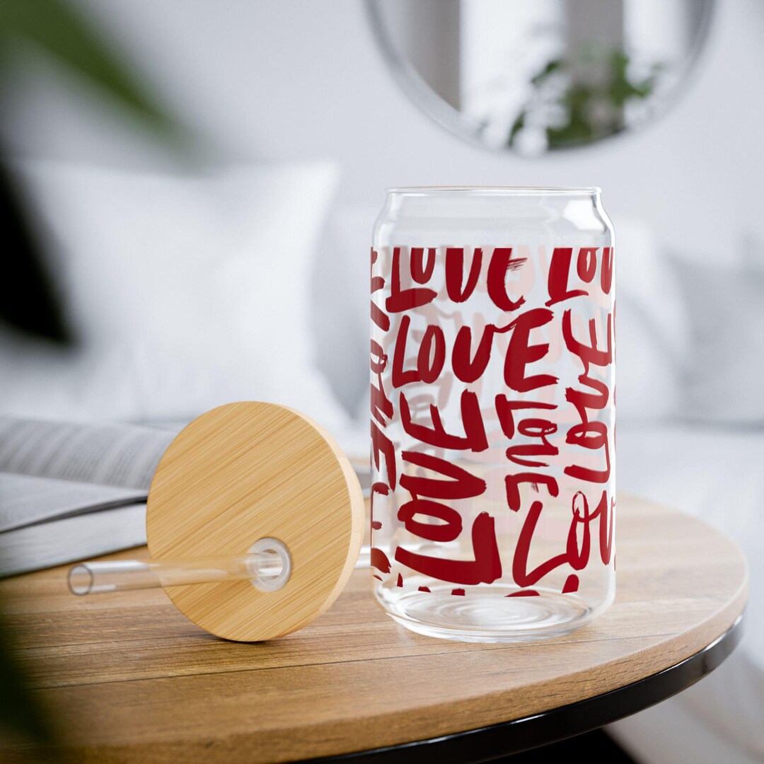 Love Theme Sipper Glass, 16oz Tempered Glass With Straw - Etsy
