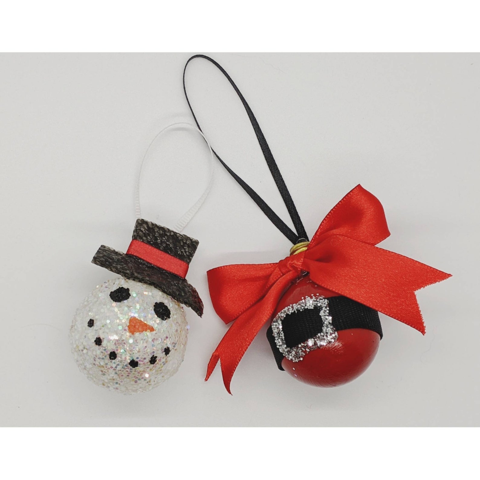 Glass Bulb Ornaments - Glitter Snowman or Santa Belt With Red Bow ...