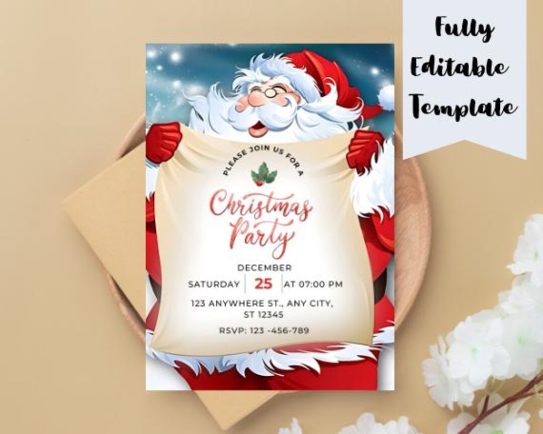 Editable Santa Claus Christmas Party Invitation Vintage Santa Christmas ...