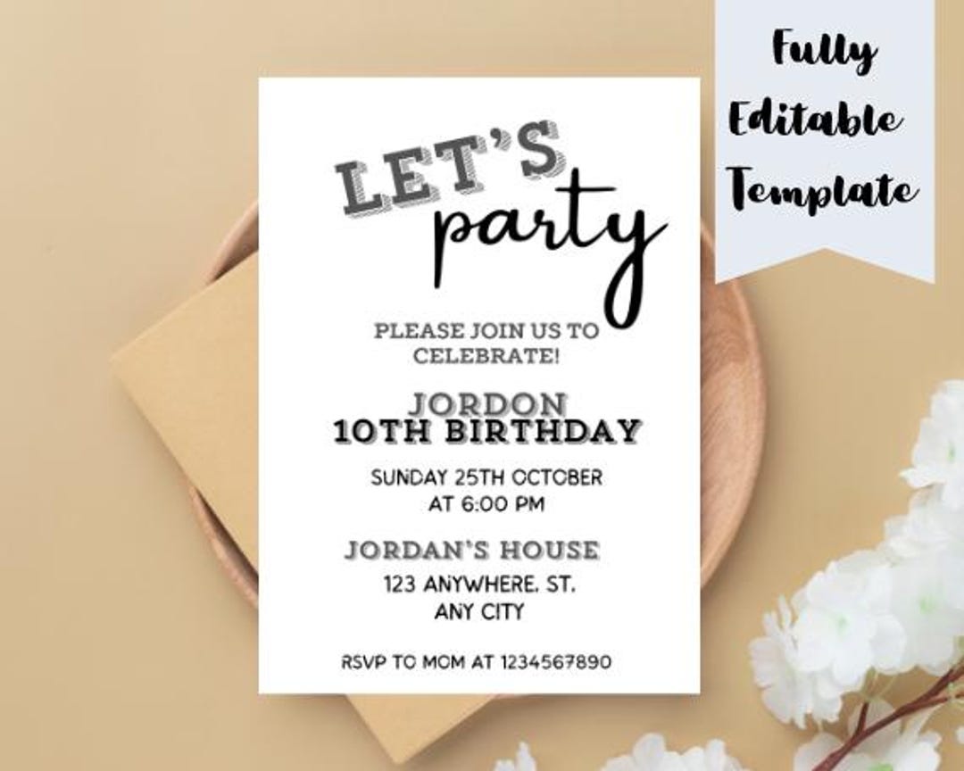 Editable Simple Black & White Birthday Invitation Template, Printable ...