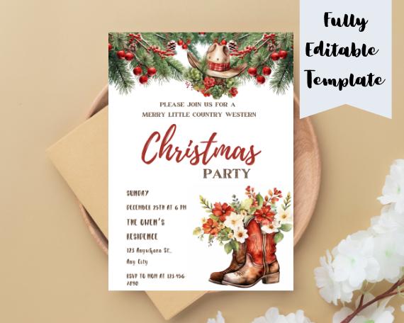 Editable Western Christmas Party Invitation Template Printable Cowboy ...