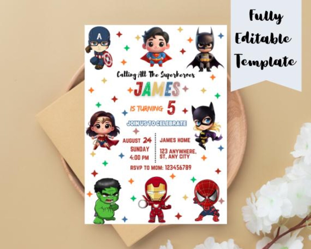Editable Superhero Birthday Invitations Printable Boys Superheroes ...