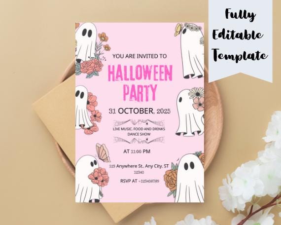Editable Spooky One Invitation Pink, Halloween Ghost Party Invite, Cute ...