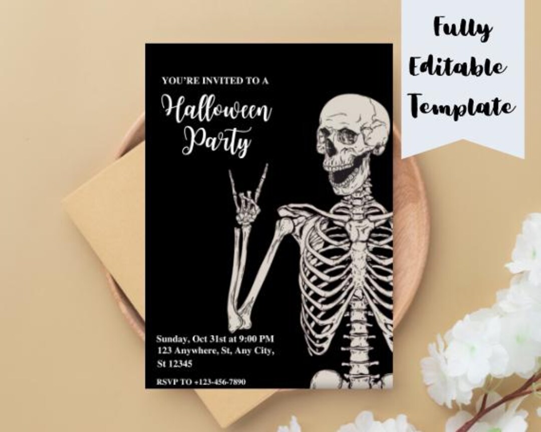 Editable Halloween Party Invitation, Halloween Skeleton Invitation ...