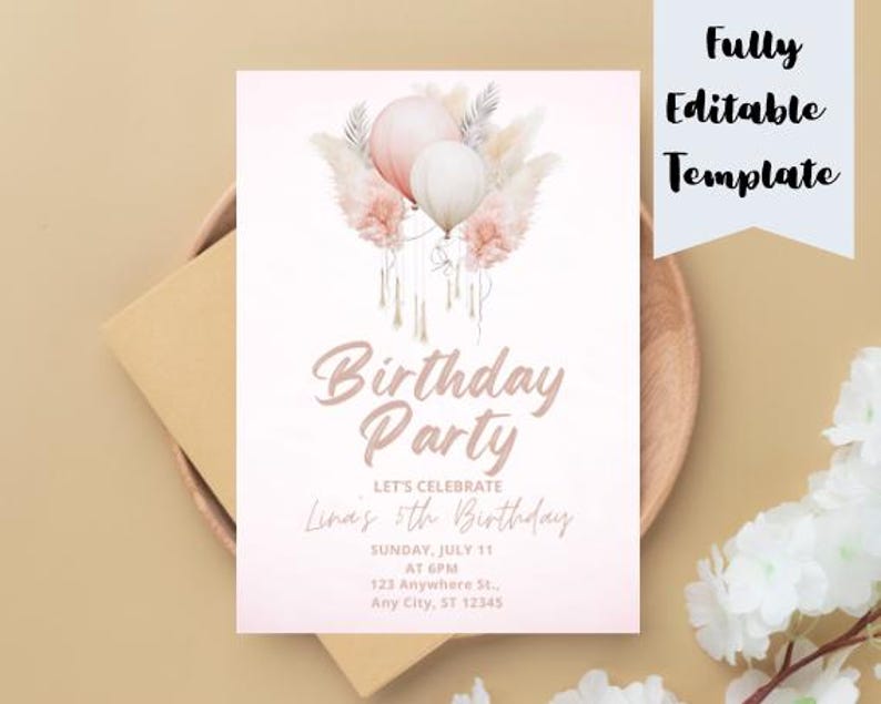 Editable Balloon Invitation Template, Printable Gender Neutral Birthday ...