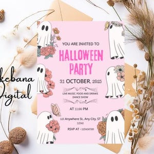 Editable Spooky One Invitation Pink, Halloween Ghost Party Invite, Cute ...