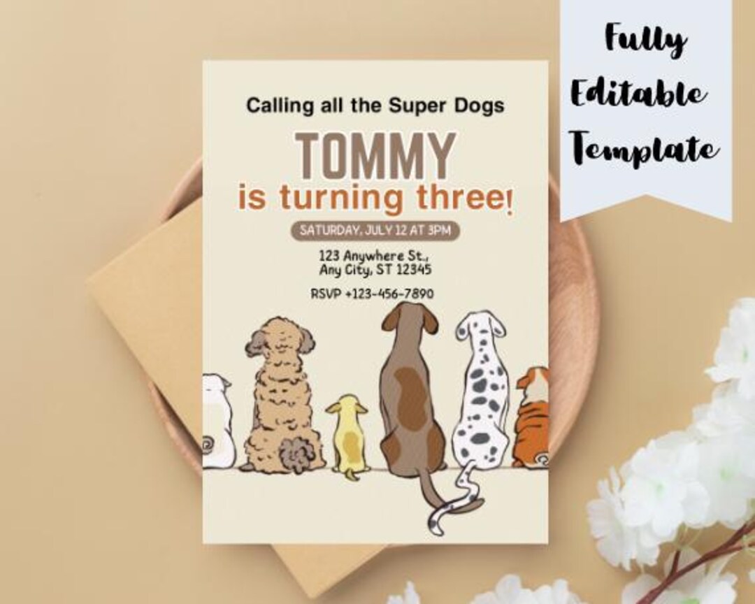 Editable Puppy Dog Birthday Invitation Calling All Dogs Invitation Time ...