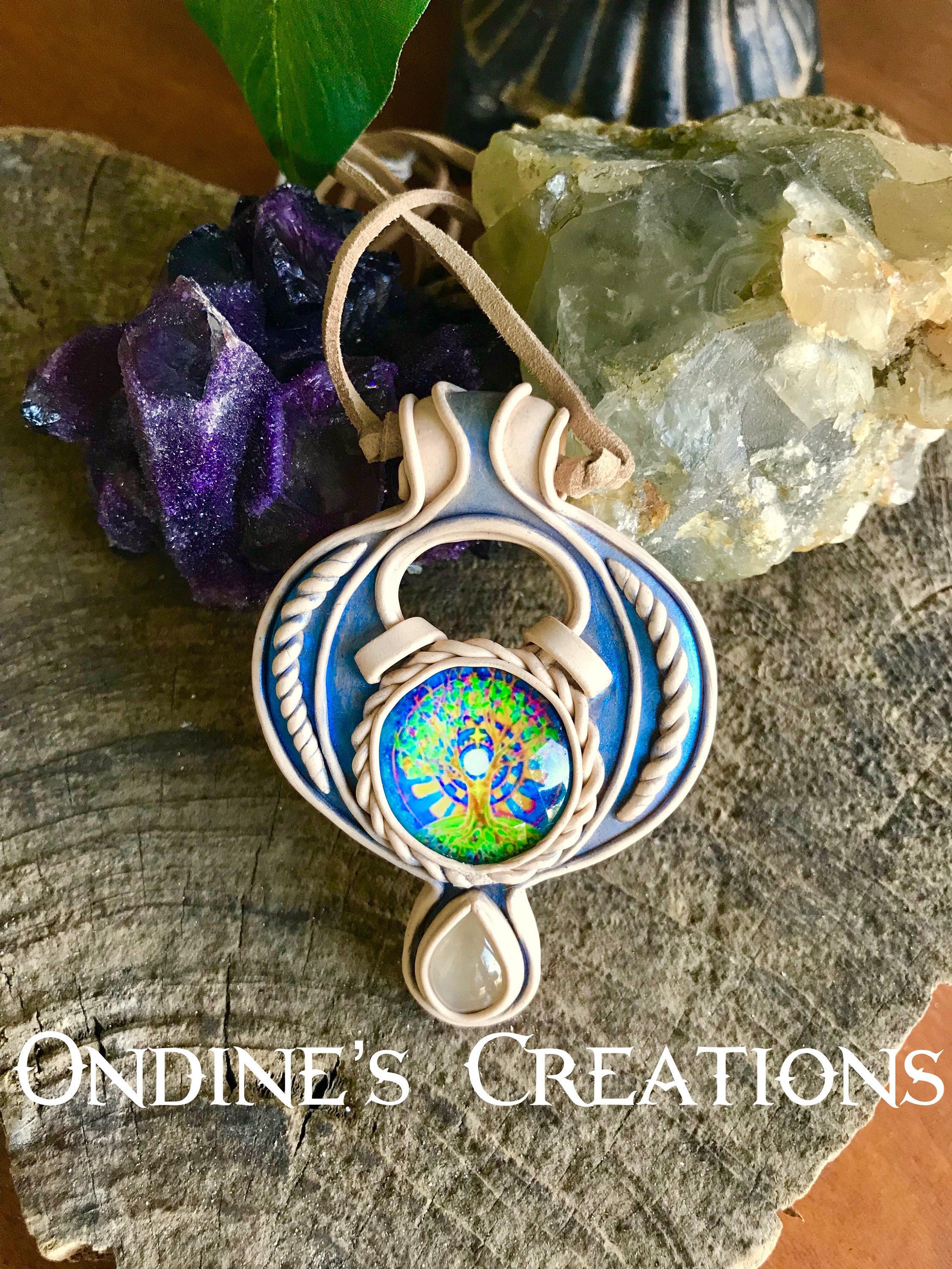 Tree of Life Glass, Rainbow Moonstone Healing Stone Clay Pendant ...