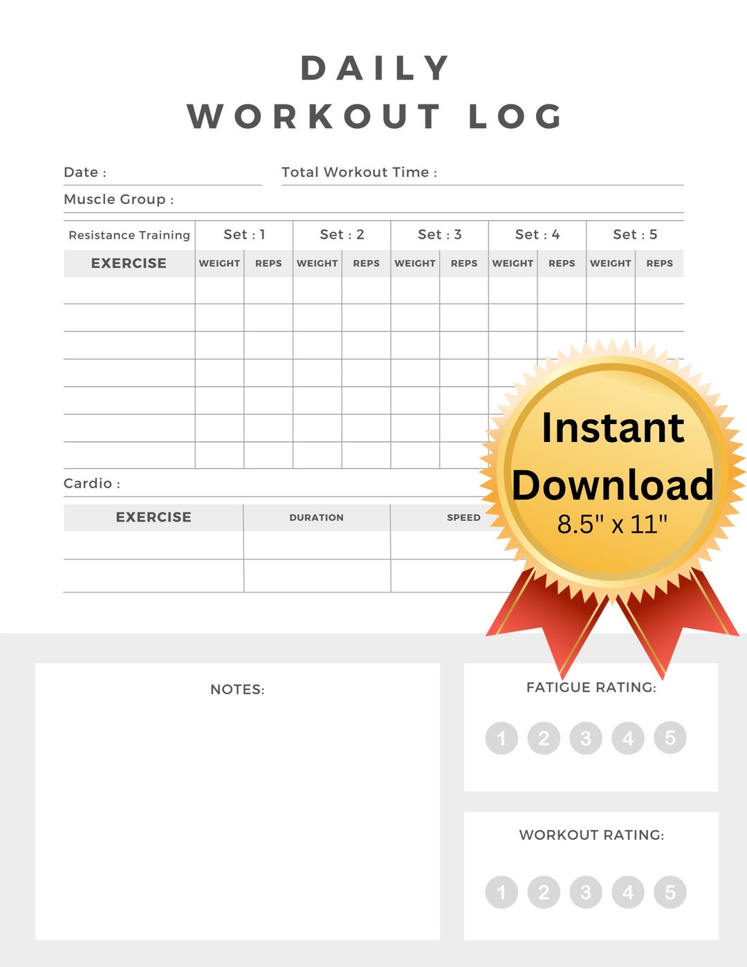 Workout Log - Exercise Tracker - Fitness - Digital Download - Printable ...